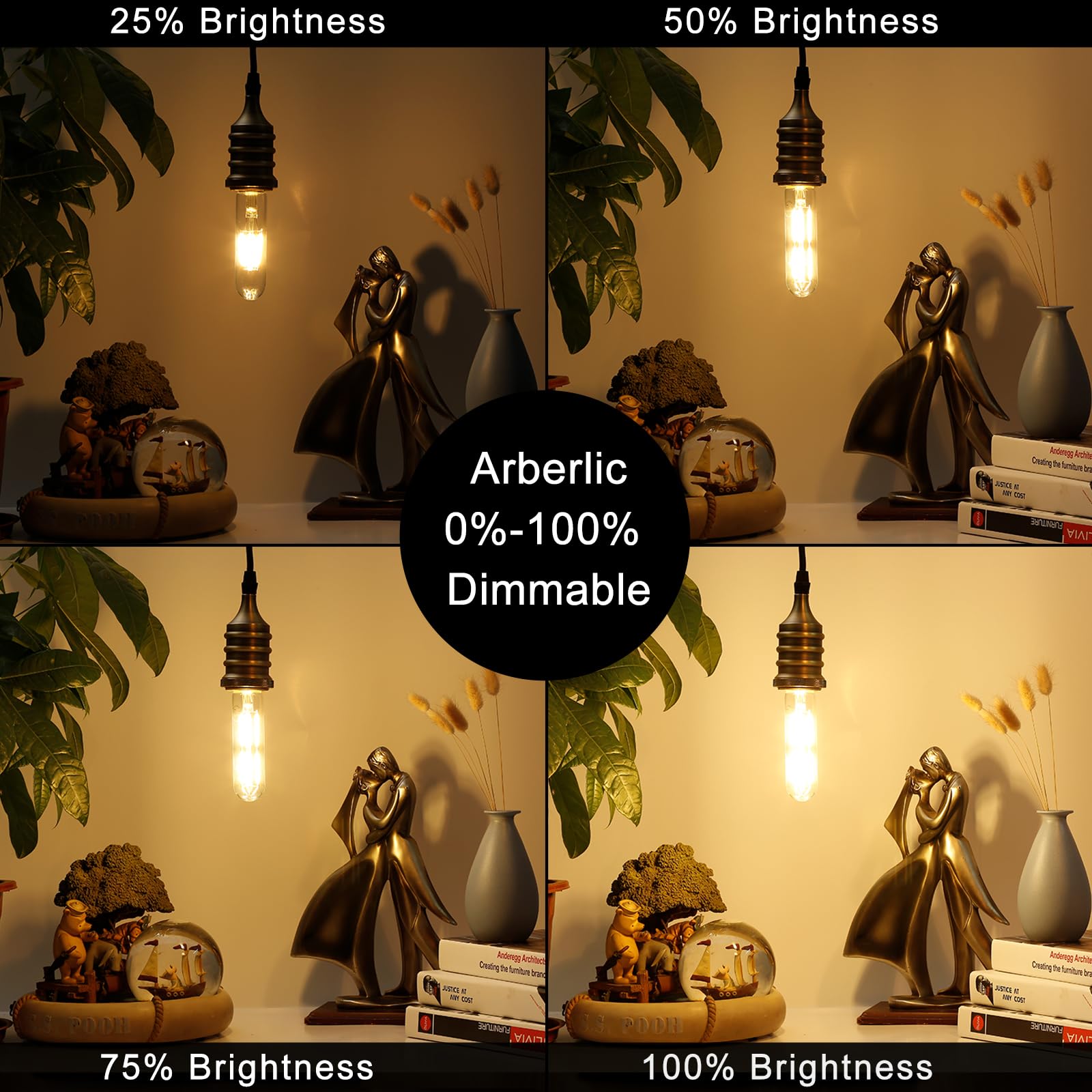 Arberlic 5 Inch T10 LED Bulb,6W Tubular Light Bulb Equivalent E26 led Bulb 60 watt dimmable,Warm White 2700K,600lm,CRI85+,AC120V,Edison Style,Clear Glass,Flicker Free,Pack of 6
