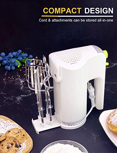 Hand Mixer Electric, MOSAIC Mixer with Cord & Attachments Storage and 4 Stainless Steel Accessories, Easy Eject Handheld Mixer for Whipping Mixing Cookies, Brownies, Cakes, Dough (White)