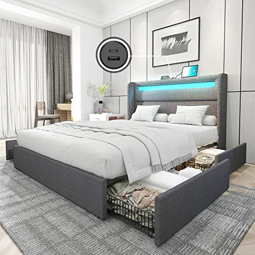 AMERLIFE King Bed Frame with RGBW LED Lights Headboard & 4 Storage Drawers, Upholstered Smart Platform Bed with USB & USB-C Ports, Box Spring Optional, Light Grey