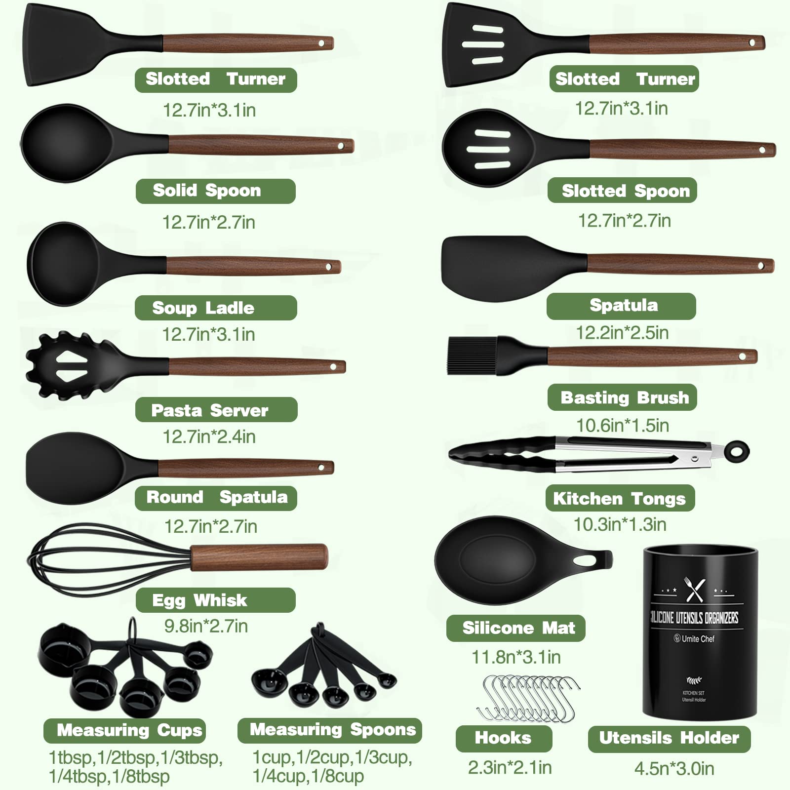 33 Pcs Silicone Kitchen Utensils Set, Kitchen Cooking Utensils Set with Black Natural Walnut Hard Wood Handle, Silicone Utensils Set with Holder, Heat Resistant, BPA Free, Non Toxic, Black