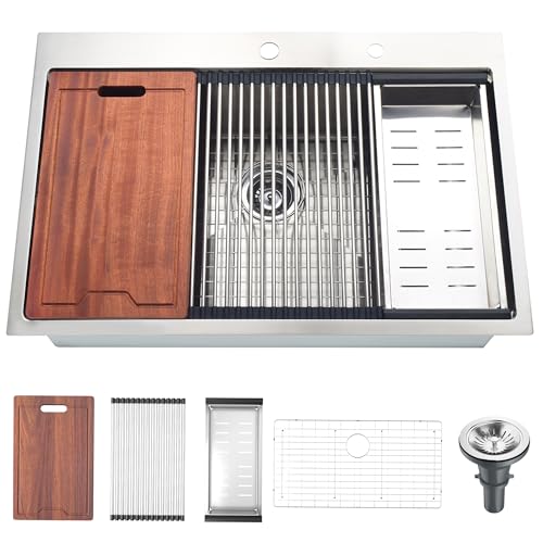 ARAUSK Drop in Kitchen Sink Nano, 33 X 22 Inch, 18 Gauge Gunmetal Matte Stainless Steel Sink, 10 Inch Depth Workstation Sink Single Bowl, T-304 Topmount Sink with Accessories