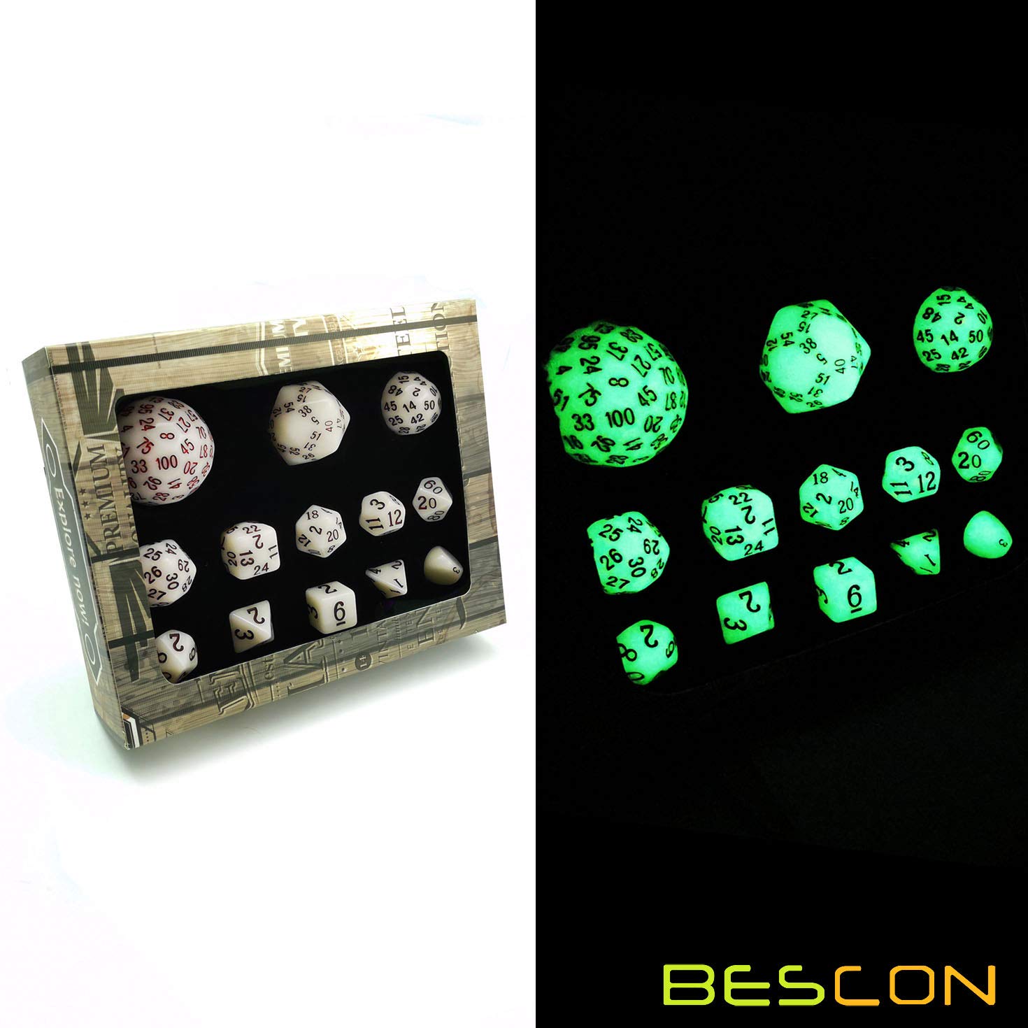 Bescon Super Glowing in Dark Complete Polyhedral RPG Dice Set 13pcs D3-D100