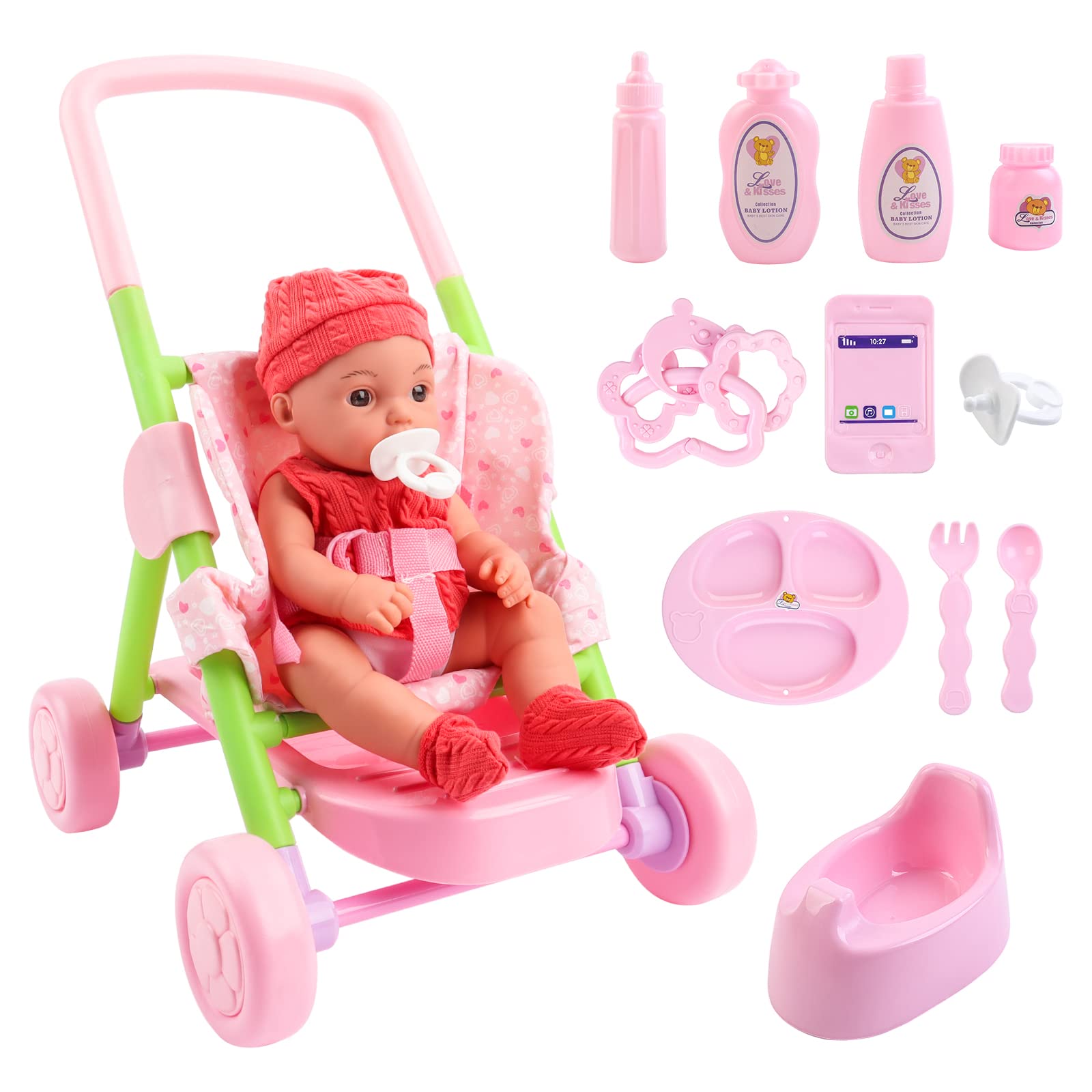 deAO Baby Doll Stroller Set Doll Playset with Smooth Rolling 11Pcs Baby Doll Feeding Accessories -12 Inch Baby Doll Set,Great Nurturing Pretend Toy for 3+ GirlsâŚ