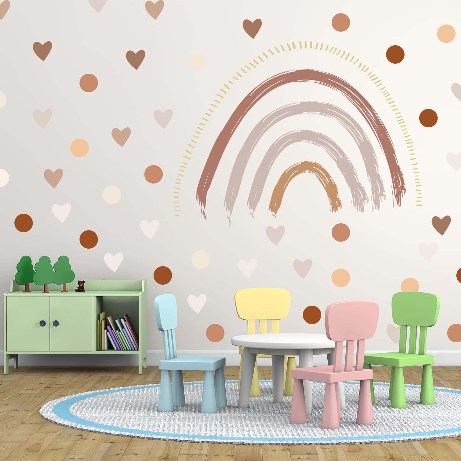 39.3 X 45.67 Inch Large Boho Rainbow Wall Decals Boho Polka Dots Wall Decals Circle Dot Wall Stickers Peel and Stick, Self Adhesive Boho Hearts Wall Sticker for Girls Bedroom Decor, Kids Nursery Room Playroom (Boho Rainbow + Polka Dots + Heart)
