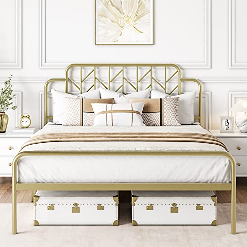 Amyove Gold Metal Queen Size Bed Frame with Headboard and Footboard, 12.6 Inches Metal Mattress Foundation for Storage, No Box Spring Needed, Easy Assembly, Modern Style Furniture (Branch)