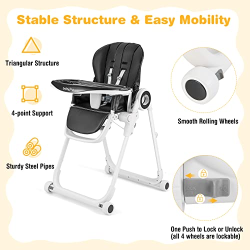 BABY JOY High Chair for Babies & Toddlers, Foldable Highchair with Adjustable Backrest/Footrest/Seat Height, Double Removable Trays, Detachable Seat Cushion, 4 Lockable Wheels (Black)