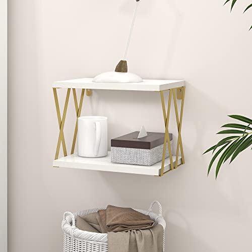 Afuly Floating Nightstand Wall Mounted, 12 Inch Bedside Table for Bedroom Storage Decor, Modern White Gold Wall Shelves for Home Livingroom Bathroom Kitchen Decor
