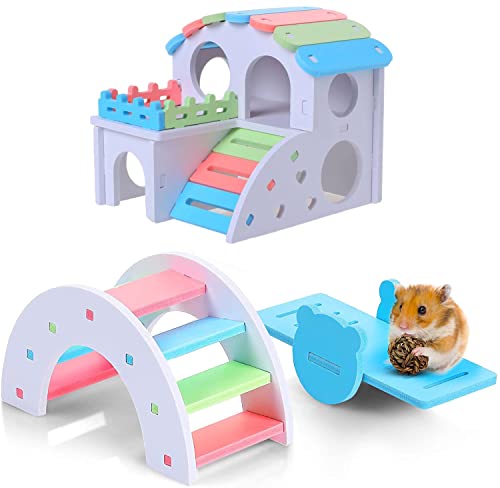 AFXOBO 3Pcs Hamster House Bridge Hamster Seesaw Nest Wooden Color Seesaw Arch Bridge Villa for Small Hamster
