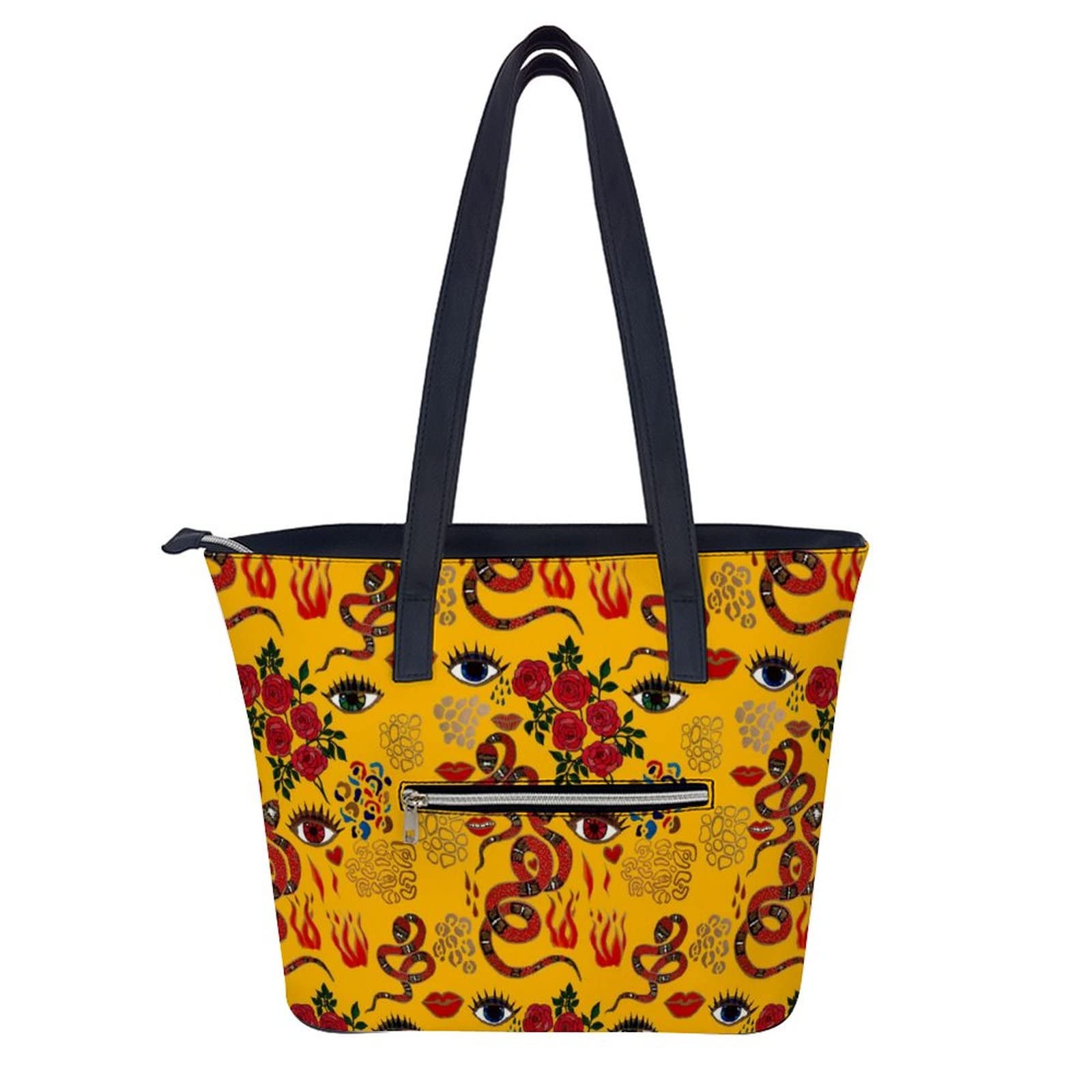 Snakes Lips Eyes Roses Flame Women's Tote Bag PU Leather Shoulder Bag Handbags Purse For Work Shopping Travel