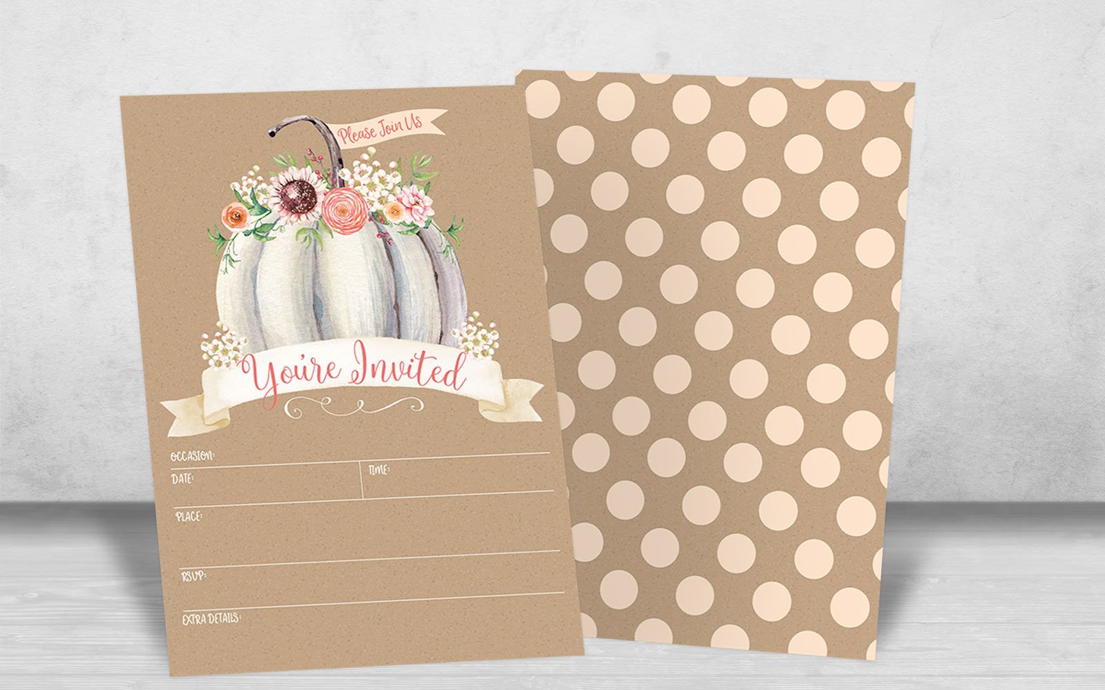 Pumpkin Fall Baby Shower Invitations, A6 Envelopes Included, 20 Count Pack, Premium Heavy-weight Card Stock, Two Sided, Autumn Floral Design, Pink and Gold Color