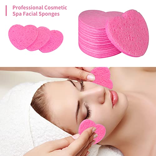 50-Count Facial Sponges Compressed Natural Cellulose Sponge Spunspon Heart Shape Face Sponge for Face Cleansing Exfoliating and Makeup Removal, Pink