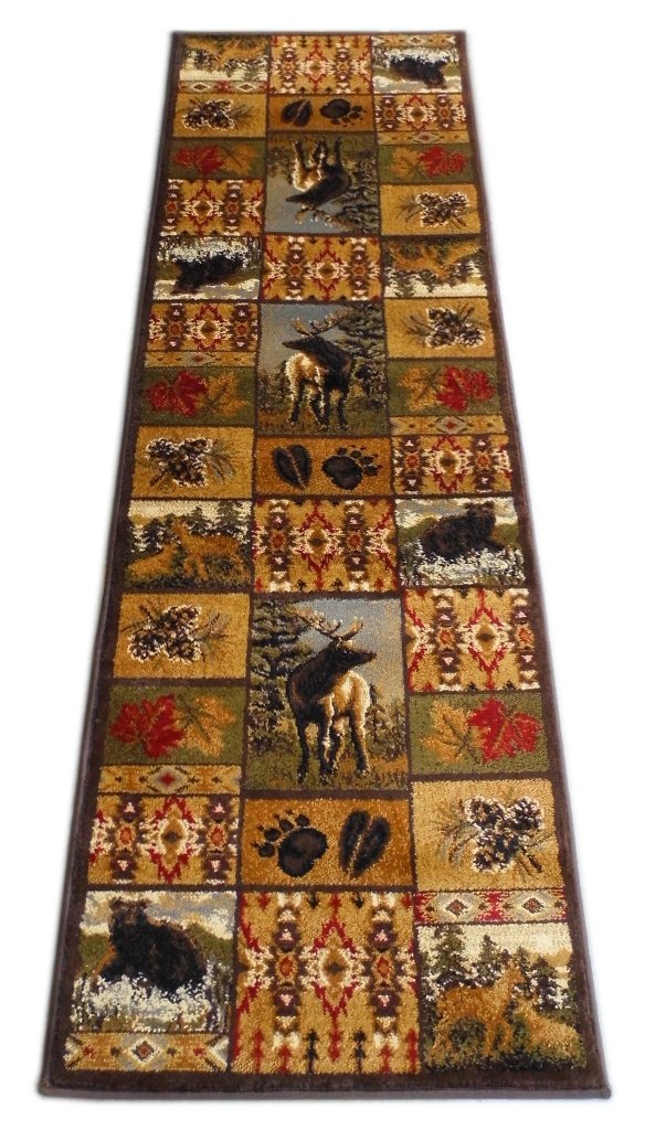 Area Rug Runner Wildlife Bear and Elk Scene (2 Feet 2 Inch X 7 Feet 2 Inch)
