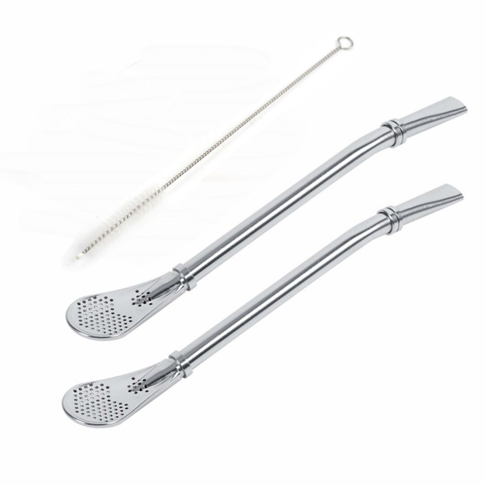 AKOAK 6.1 Inches Bombilla Drinking Filter Straws,Food-Grade 304 Stainless Steel Drinks Stir Spoon Straw for Loose Leaf Tea,Set of 2,Complimentary Straw Cleaning Brush
