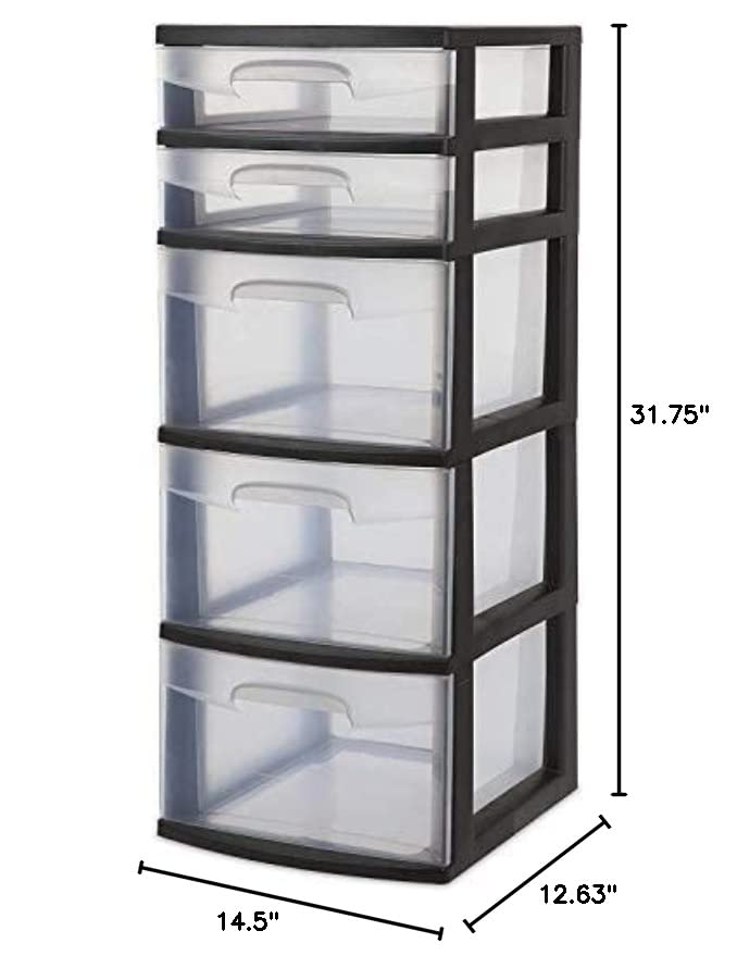Sterilite 5 Drawer Tower Drawers & Carts, 12.63 Inches, Pack of 2, Black, 2 Count
