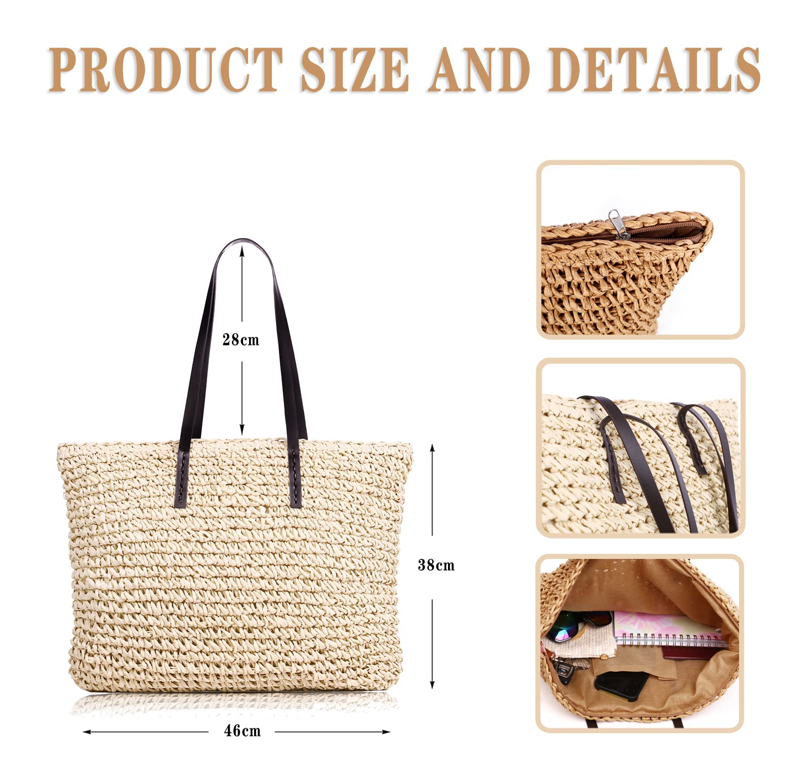 COOKOOKY Straw Beach Bag Summer Handmade Woven Shoulder Tote Bags Purse for Women (Square Khaki Bag)