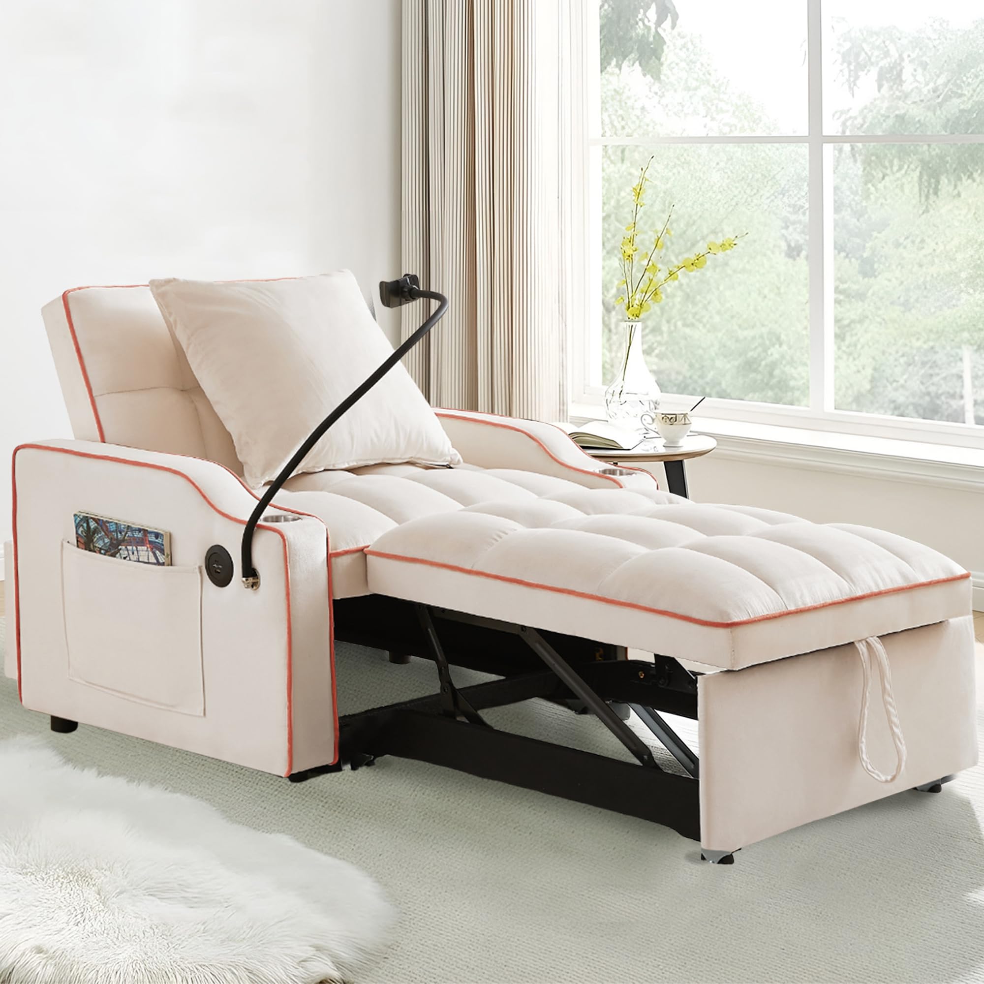 SPOWAY 3 in 1 Sleeper Sofa Couch Bed, Velvet Convertible Single Sleeper Sofa with USB Port and Ashtray and Swivel Phone Stand, Storage Pockets, Pull Out Single Sleeper for Living Room, Beige