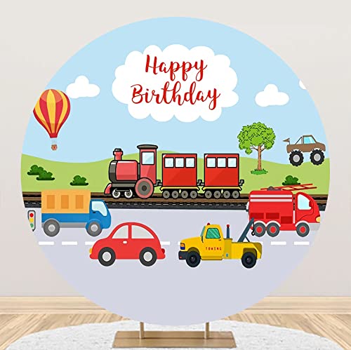 AWERT Polyester Diameter 7.5ft Round Boy Transportation Theme Backdrop for Happy Birthday Party Cartoon Train Truck Car Photography Background Kids Bday Party Decoration Banner