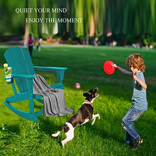 HUEZOE Adirondack Rocking Outdoor Cup Holder, Weather Resistant HDPE Patio Chairs QWY03, Blue