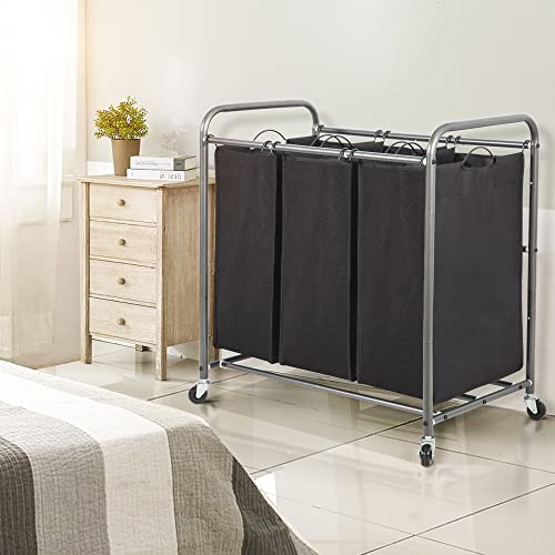 STO STO Laundry Sorter 3 Section, 3 Bag Laundry Hamper, Rolling Laundry Cart, Laundry Basket with Heavy Duty Lockable Wheels and Removable Bag for Clothes Storage, Black