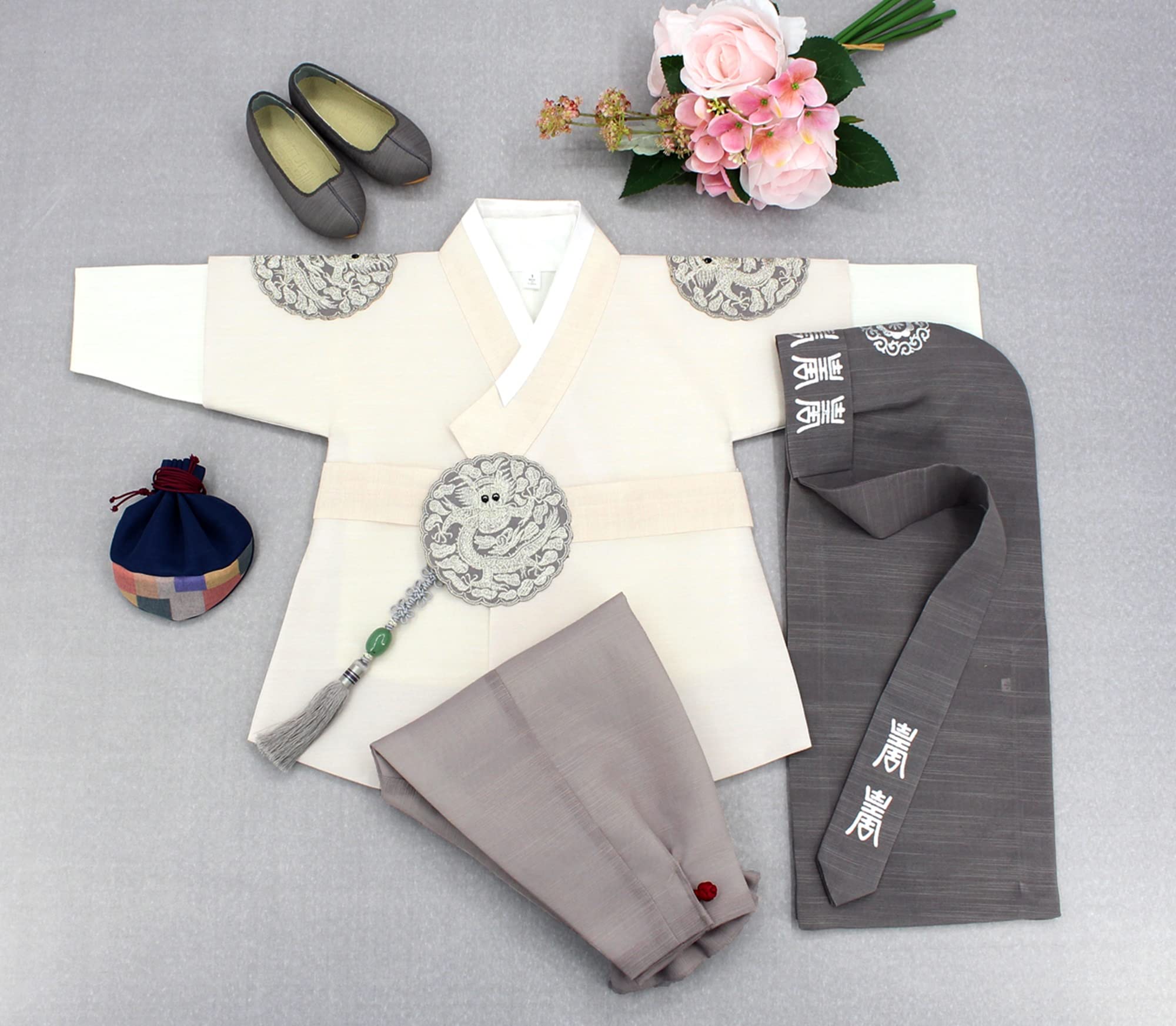 Korean Hanbok Boy Baby Traditional Kings Design Clothing Set Beige 100th days to 8 ages ddb003 (100th days hanbok)