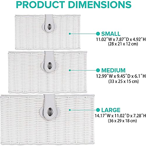 Homepeaz Set of 3 Woven Wicker Storage Basket Box with Lid & Lock, Built-in Carry Handles, Multifunctional Storage Organiser for Nursery, Baby, Clothes, Toys, Books, Large/Medium/Small Size (White)