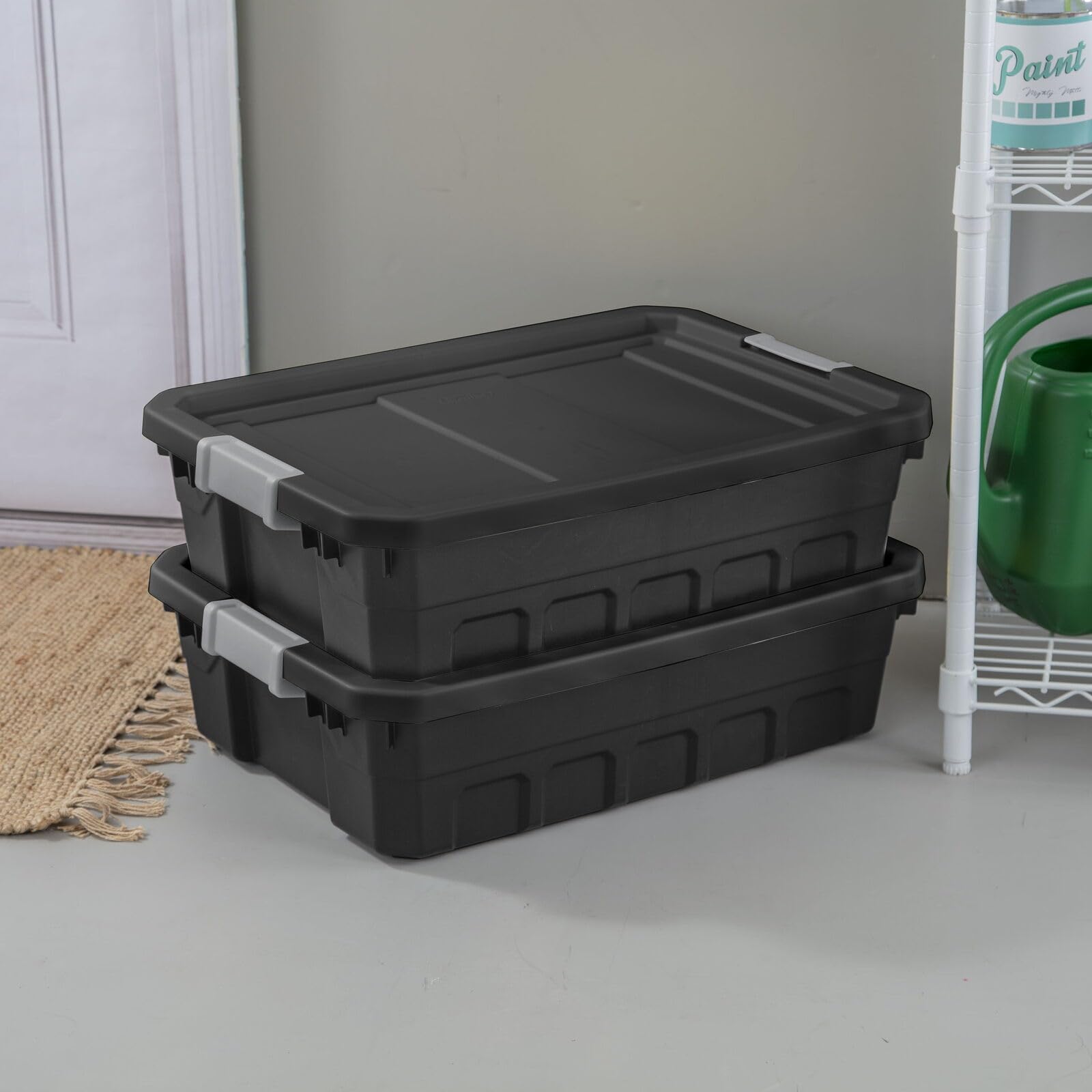 6 pack 10 Gallon Stacker Tote Plastic, Black, Portable Storage Box