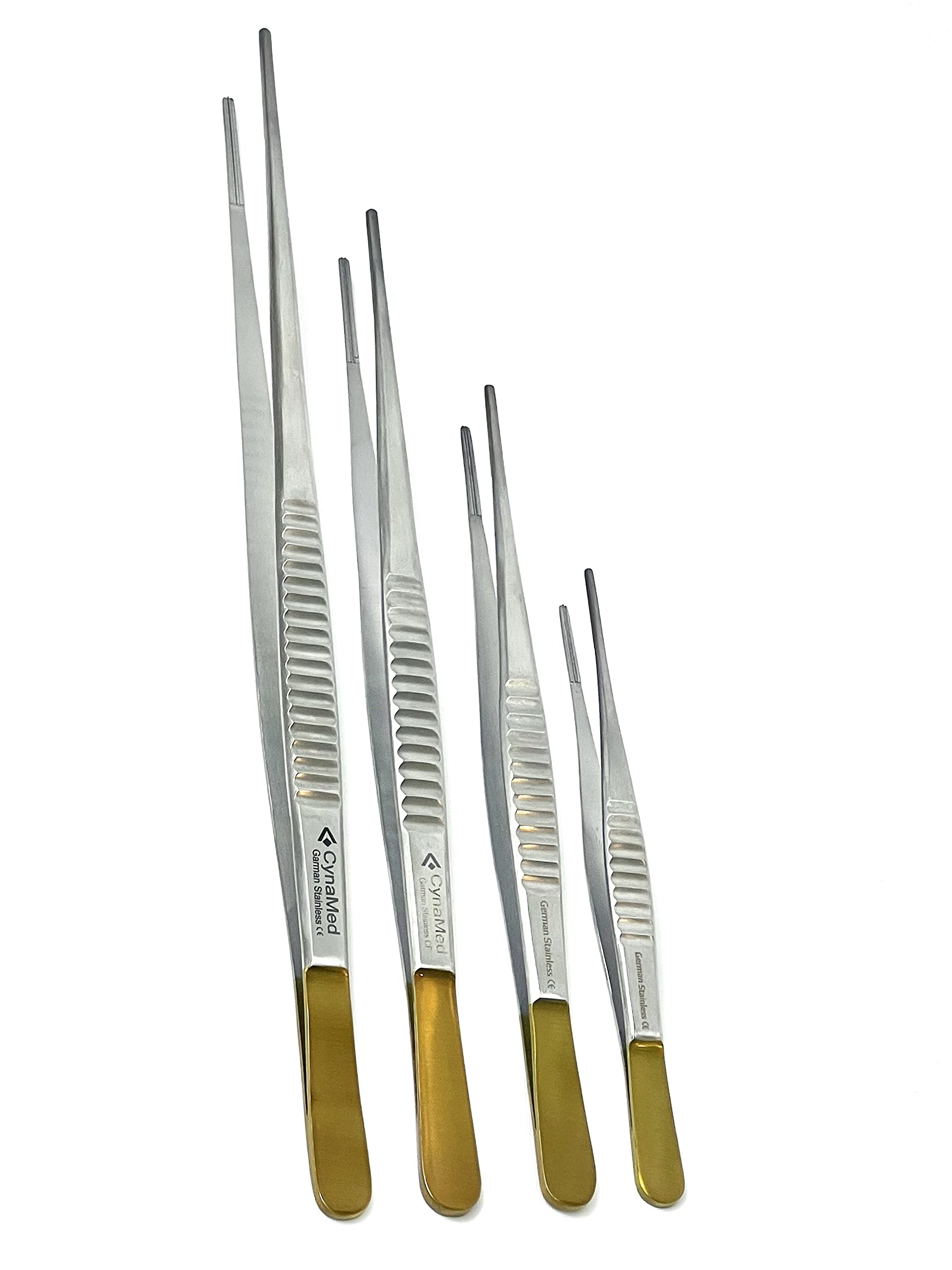 German Set of 4 Each Debakey Forceps Serrated Narrow Tips for Atraumatic Veterinary Microscopy Dissection Comes in Gold Handle 6”+8”+10”+12”