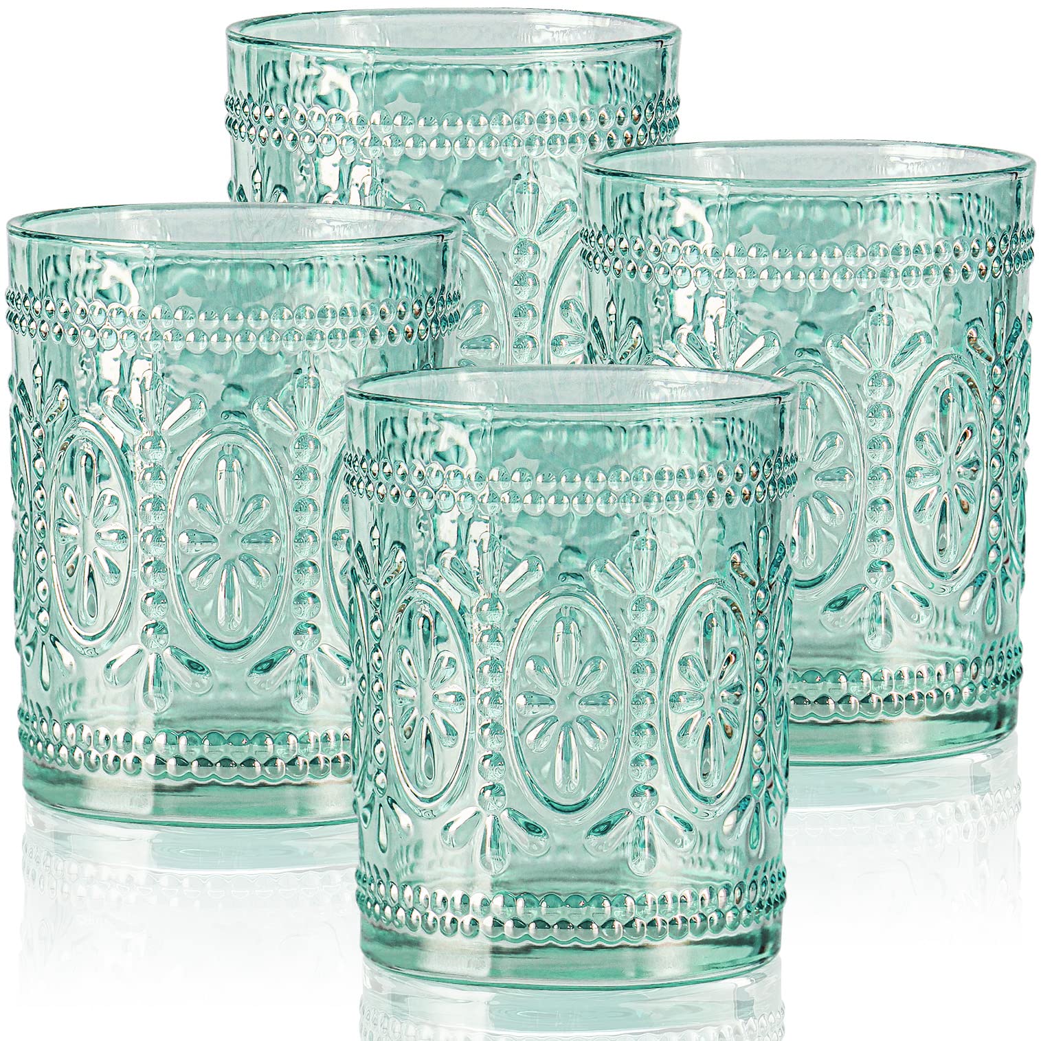 abrwyy Glassware set of 4, Vintage Drinking Glasses, 10oz Heavy Duty Glass Cups, Colored Glassware Set, Embossed Glasses Set for Party Wedding Home Office Glassesware Gift