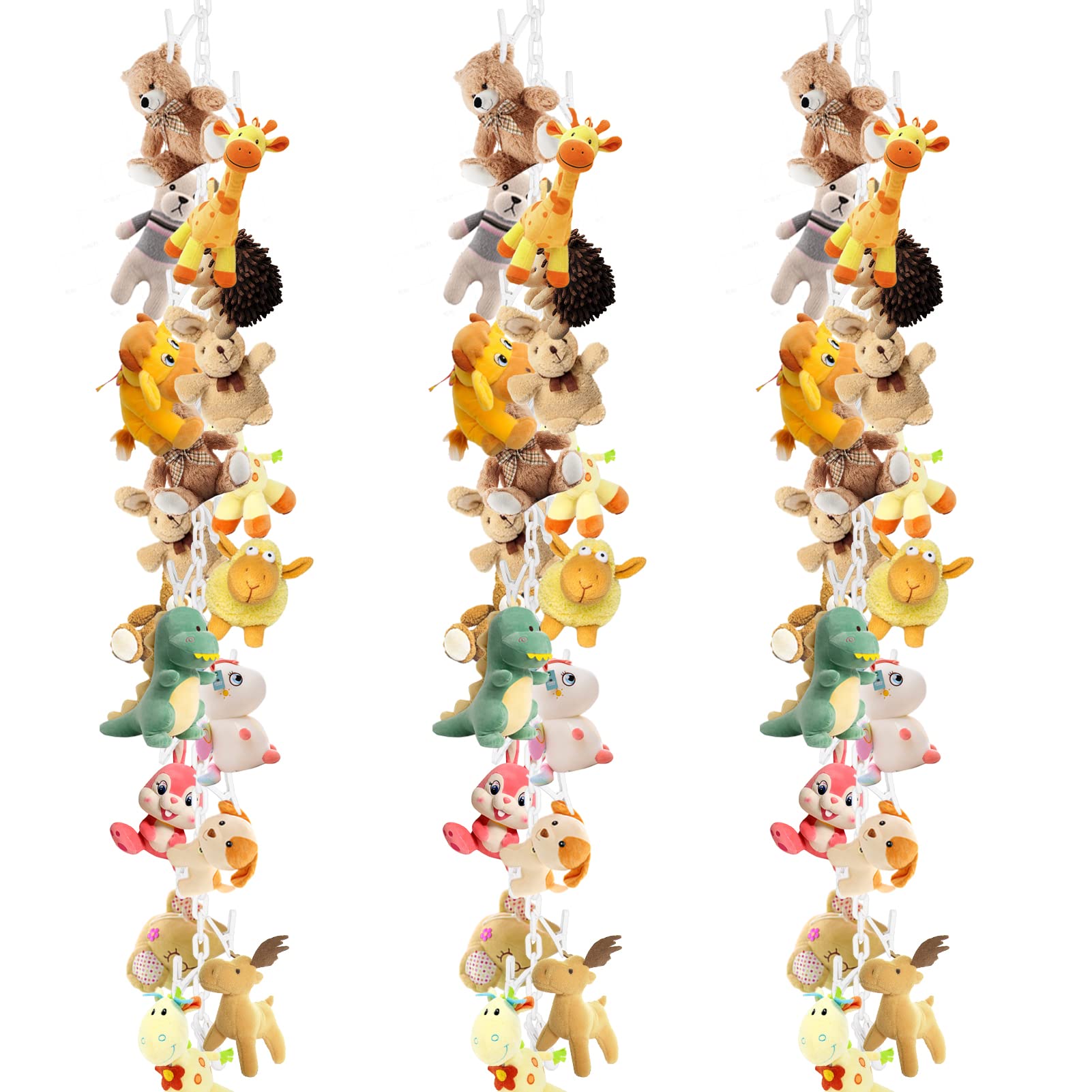 3Pcs- 6.4Ft Plastic Toy Chain Organizer Storage Chain with 60 Clips, Stuffed Animal Storage Teddy Chain with 3 Ceiling Hooks and 3 S-hooks for Hanging Plush Toys Hats Socks Cards (White)