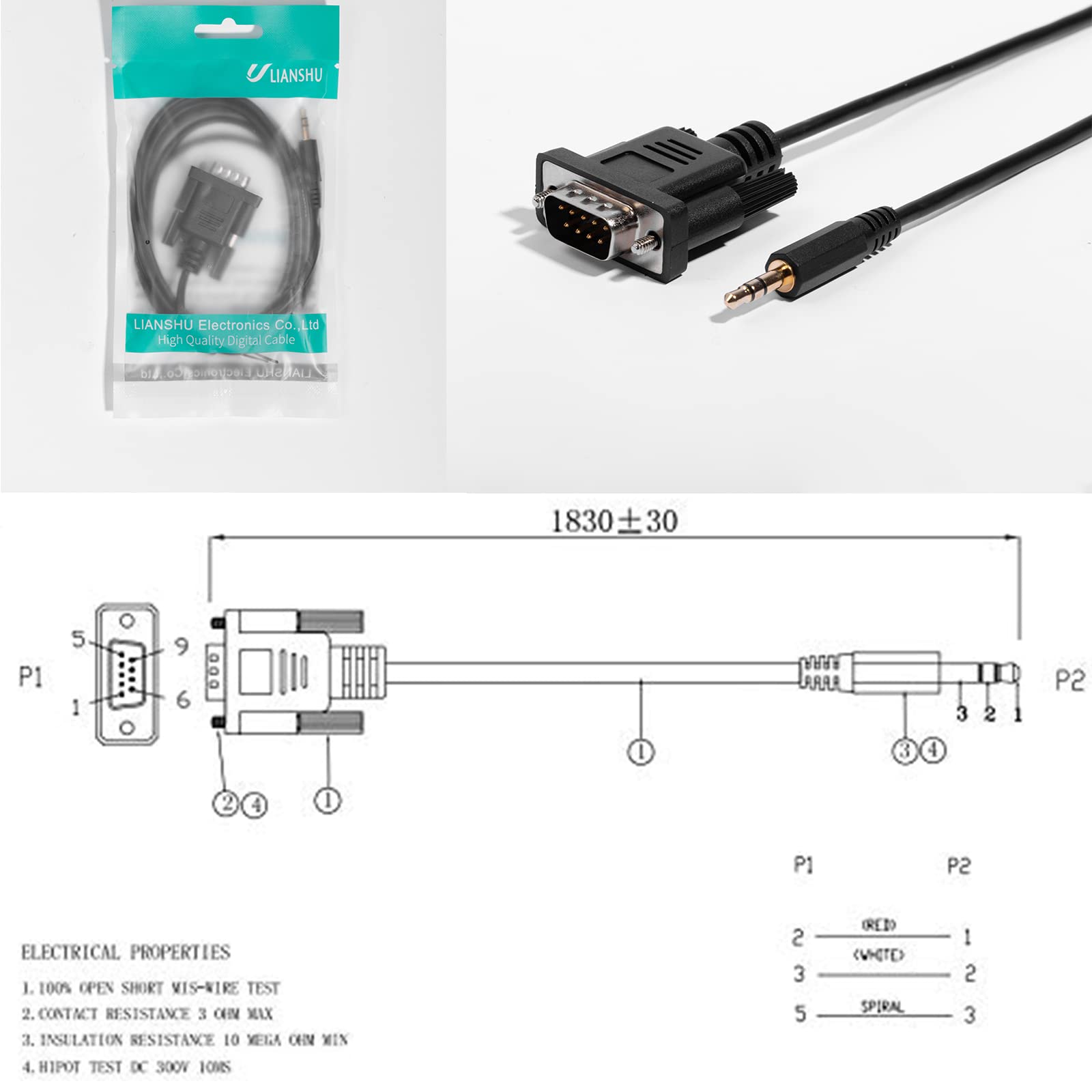 LIANSHU DB9 Male to DC3.5mm Male Serial RS232 Cable 6feet DB9 Male to 3.5mm Serial Cable L= 6FT Black