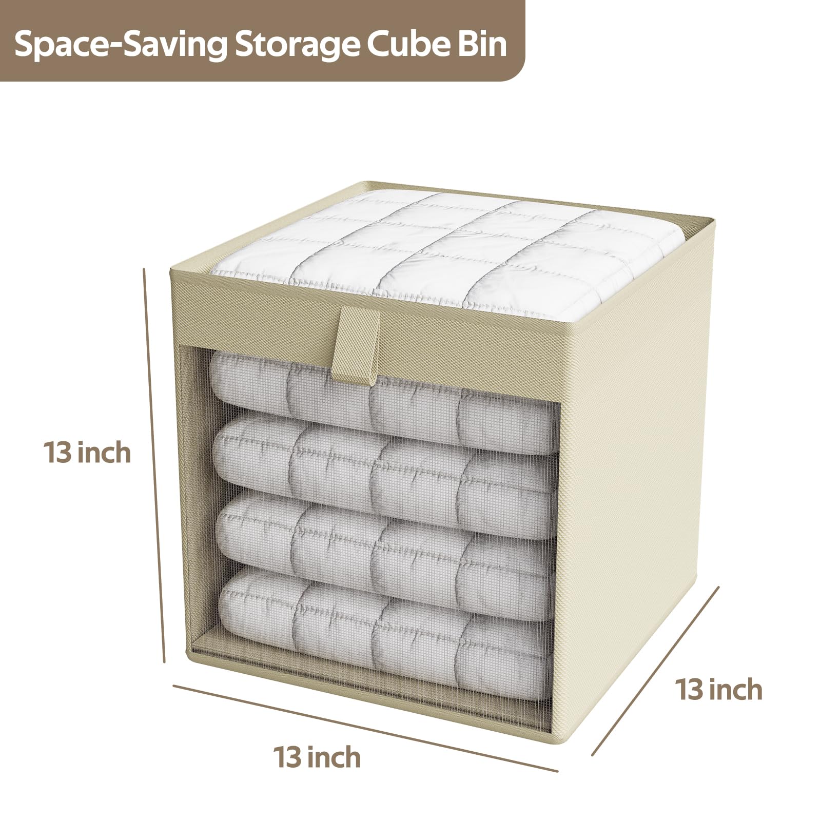 4 Pack 13x13 Storage Cube, Large Cube Storage Bins with Clear Window, Fabric Cube Storage Bins Collapsible Storage Cube Bins for Organizing, Shelves, Toys, Clothes (Beige)