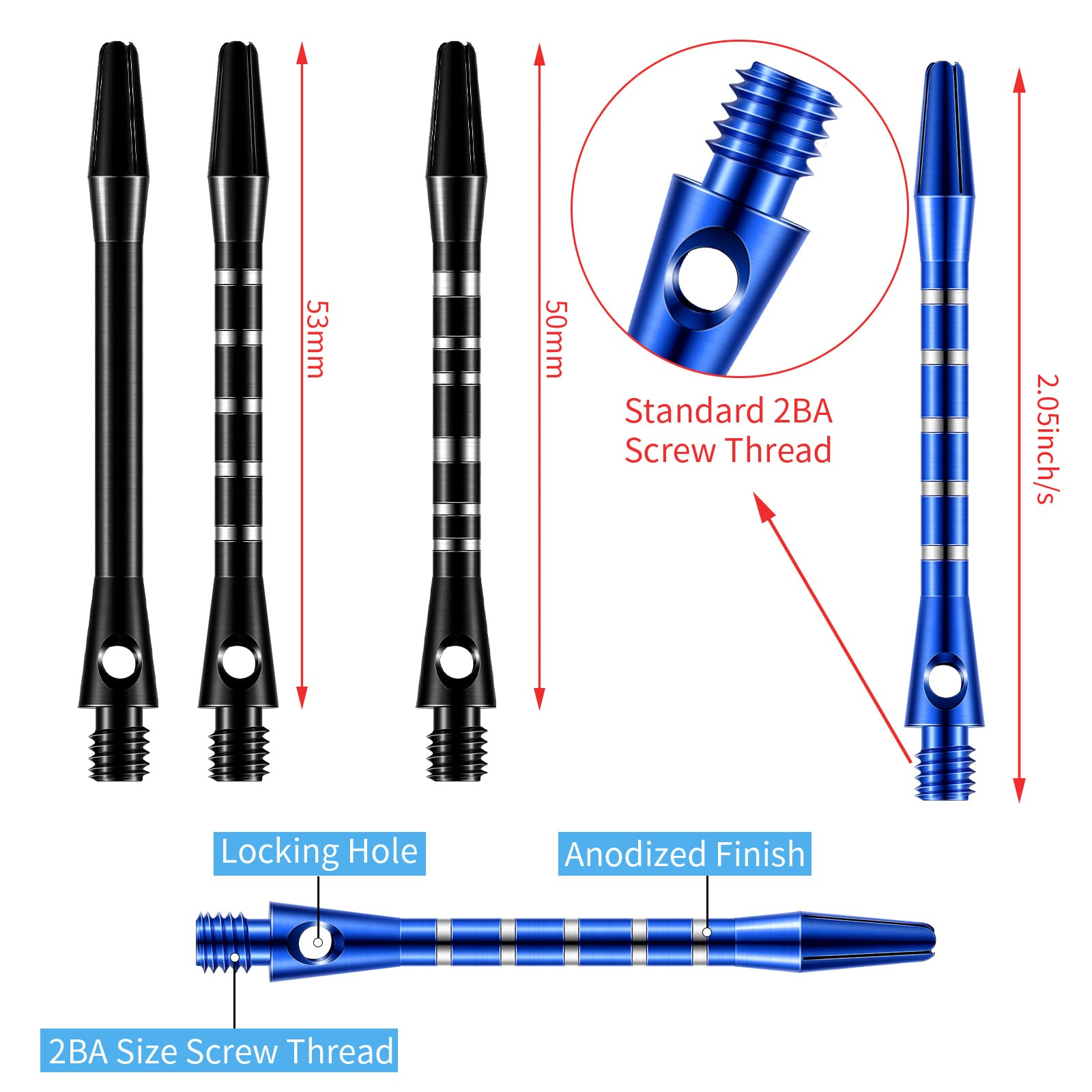 30 Pcs Medium Dart Shafts for Soft and Steel Tips 2BA Thread Aluminium Alloy Dart Stems 50 mm 53 mm with Rubber Rings Replacement Harrows Dart Accessories and Flights