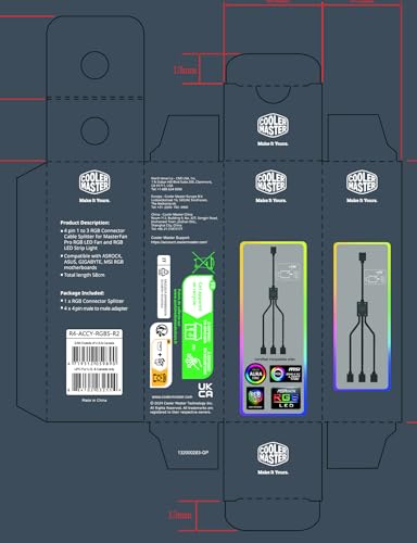 Cooler Master R4-ACCY-RGBS-R2 1-to-3 RGB Splitter Cable for LED Strips, RGB Fans, 5pcs 4-Pin Header Computer Cases, CPU Coolers and Radiators RGB Fans
