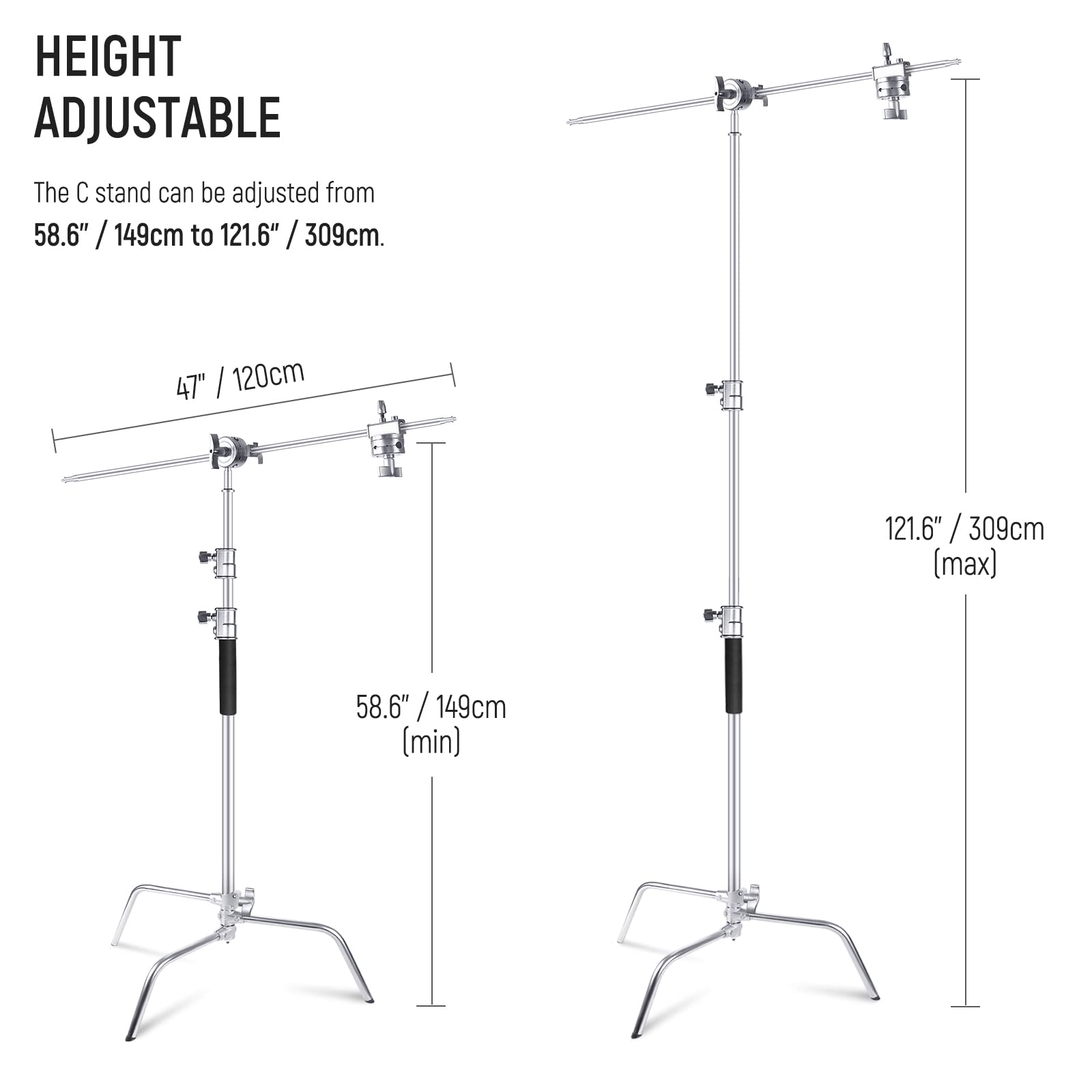 NEEWER C Stand with Boom Arm & Sliding Legs, Pro 100% Stainless Steel Stand Max Height 10.13ft/309cm with 3.9ft/120cm Arm & 2 Grip Heads for Photography Umbrellas, Reflectors, Softboxes and Monolights