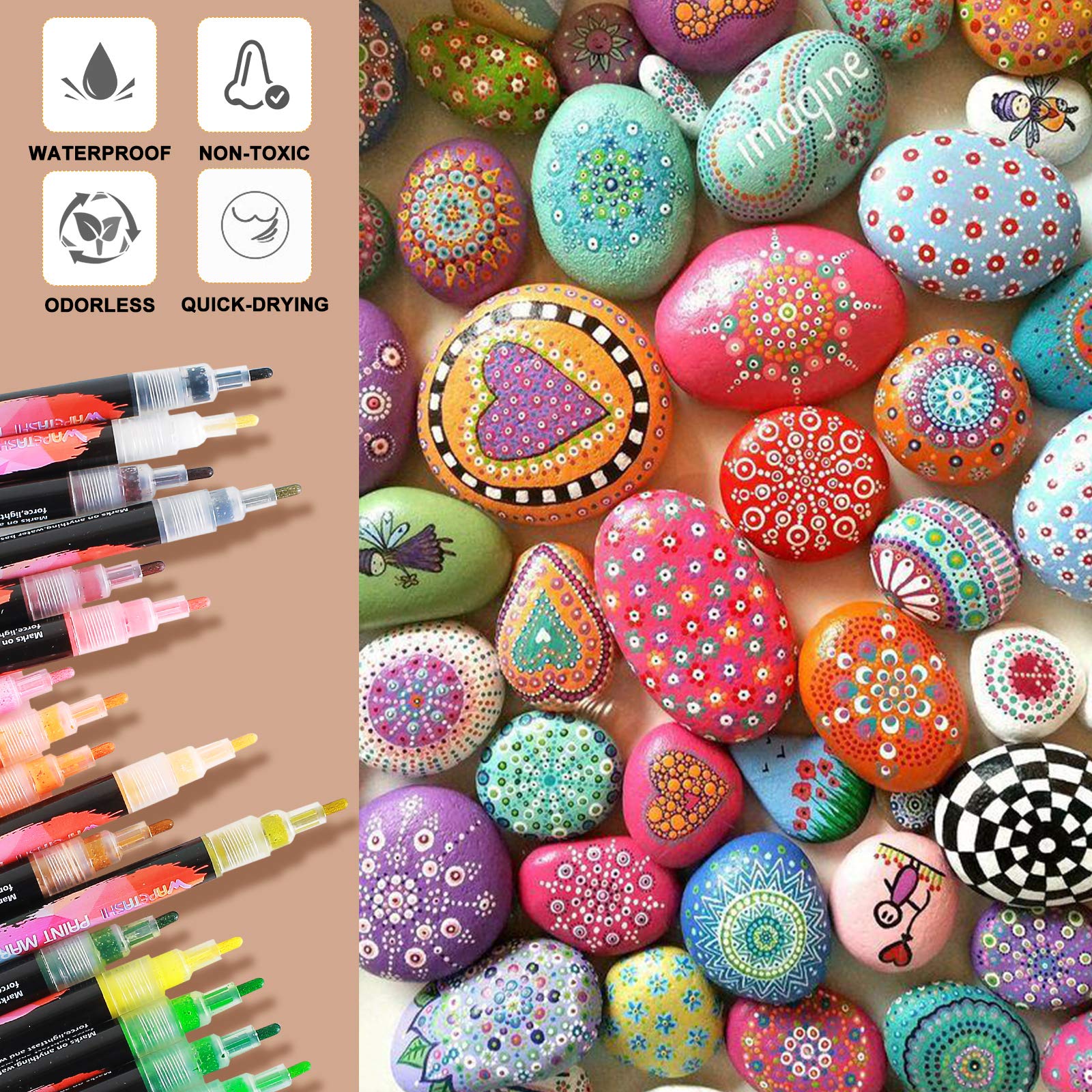 36 Acrylic Paint Marker Pens Set-For Rocks Painting, Ceramic, Glass, Wood, Fabric, Canvas, Mugs, DIY Craft Making Supplies, Card Making.Water Based, Quick-Dry,Include 24 Basic &12 Metallic Colors