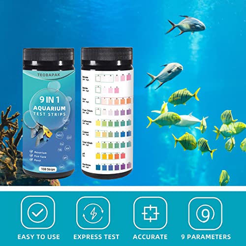 Aquarium Test Strips, 9 in 1 Aquarium Test Kit for Freshwater Saltwater, 100 Strips Aquarium Water Test Kit with Quick and Accurate, Pond Fish Tank Test Strips Testing Nitrite,Nitrate,Iron,pH and More