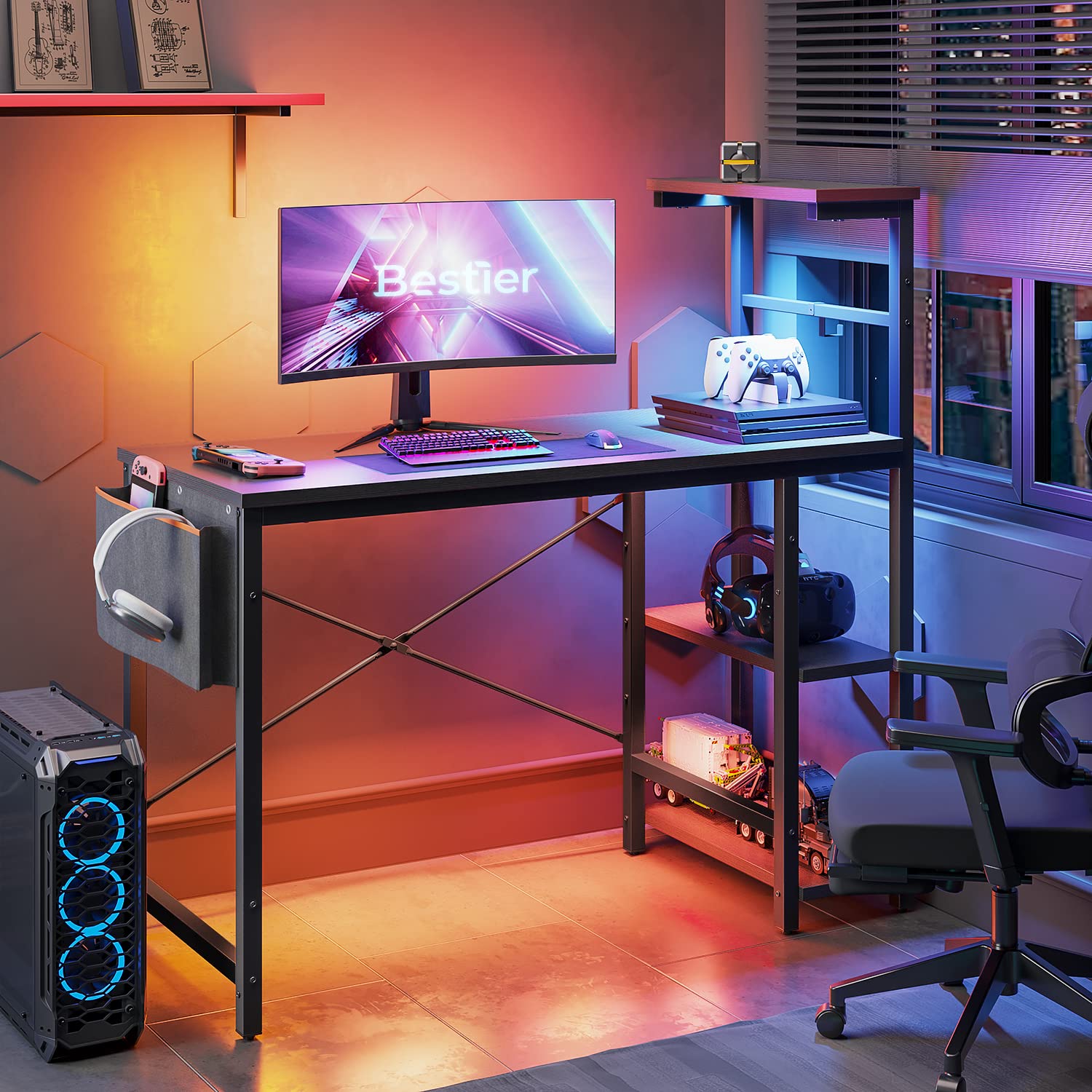 Bestier Gaming Desk with LED Lights, 44 Inch PC Gamer Desk for Small Spaces, Computer Desk with Reversible Storage Shelves & Side Storage Bag (Black Grained)