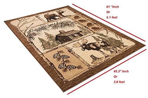 HR Cabin Rug–Lodge, Cabin Nature and Animals Area Rug–Modern Geometric Design Cabin Area Rug–Abstract, Multicolor Design– Moose/Bear/Lodge/Nature
