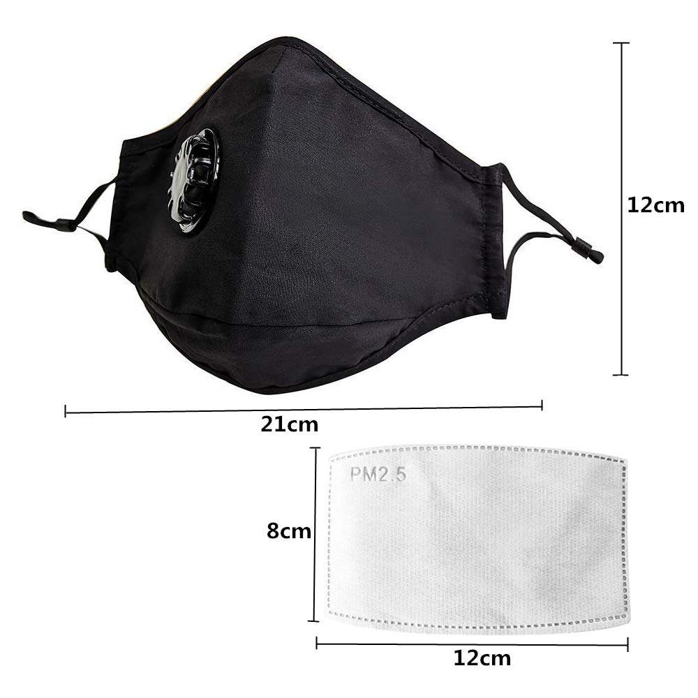 6 Pack Face masks with 12 Cotton Filter Sheet,Washable Reusable Cotton Blend Face mask with breathing valve-Black
