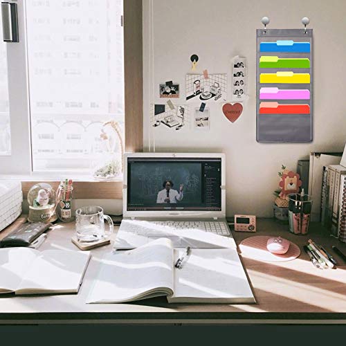 Storage Pocket Chart with 5 Pocket, 2 Pack Heavy Duty Storage Chart Hanging Wall File Organizer Included 4 Over Door Metal Hangers - Organize Your Assignments, Files, Scrapbook Papers & More (Gray)
