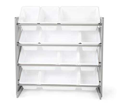 Humble Crew Kids Wood Table 4 Chairs Set, White/Grey & Toy Organizer, Toddler, Grey/White
