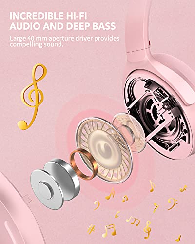 HROEENOI Active Noise Cancelling Wireless Bluetooth Over-Ear Headphones, Memory Foam Ear Cups, Quick Charge for 40H Playtime, Ideal for Travel, Home Office, Gym Workouts -Pink