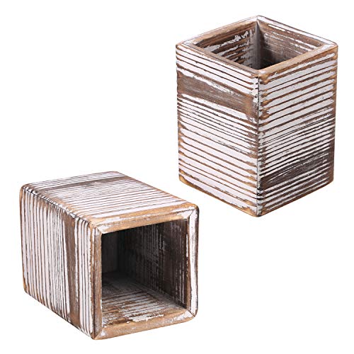 Homode Rustic Pen Holder, Wooden Pencil Holder for Desk, Decorative White Square Pen Cup Holder Organizer, Farmhouse Office Supplies and Home Desk Accessories