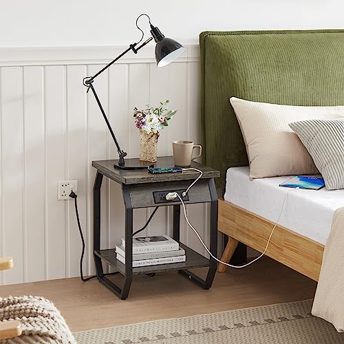 Anwick End Table with Charging Station Set of 2 Side Table with USB Ports and Outlets, Nightstand with Storage, Bedside Tables for Small Spaces, Sofa Side Tables for Living Room Bedroom(Grey)