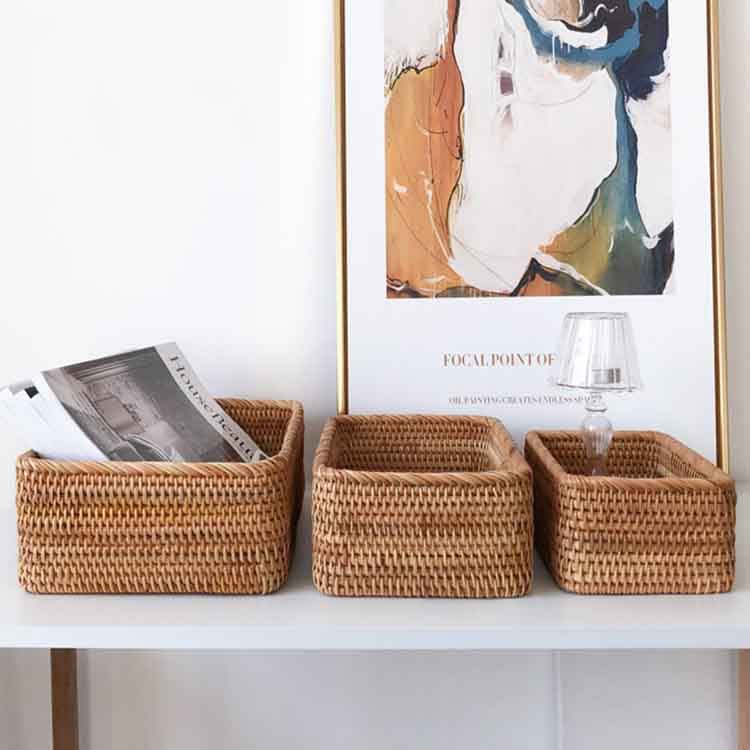 YANGQIHOME Natural Rattan Storage Baskets, Rectangular Woven Fruit Baskets, Wicker Decoration and Organizer for Bathroom, Living Room (Set of 3)