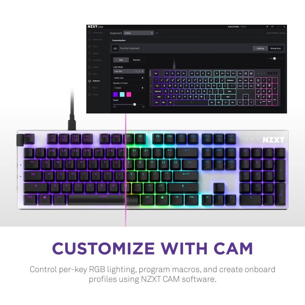 NZXT Function Full-Size Wired Gaming Keyboard – Gateron Red Mechanical Switches - Linear, Fast, and Quiet – Hot-Swappable – RGB Backlit – Aluminum Top Plate – Sound Dampening Foam – Wrist Rest – White