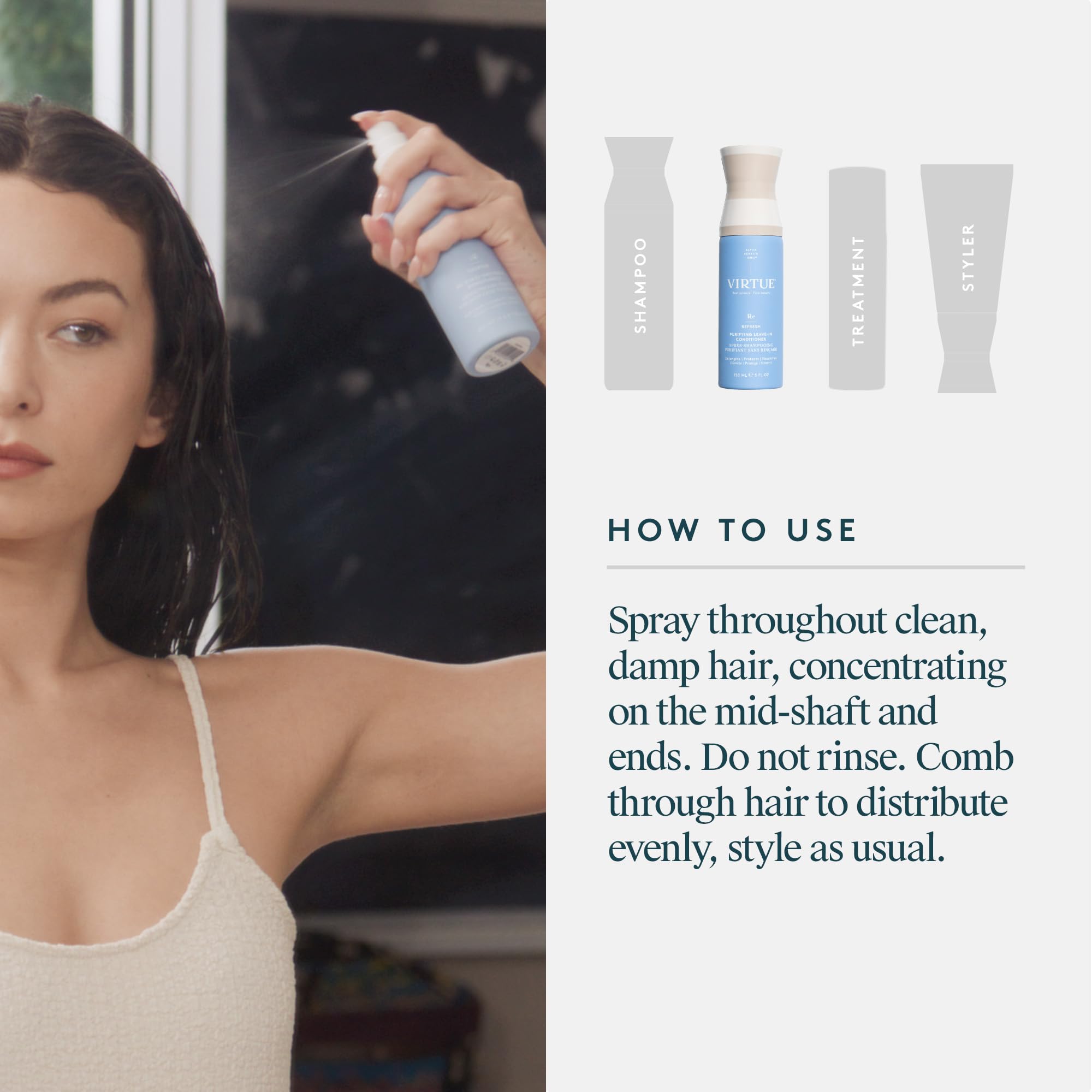 VIRTUE Purifying Leave-In Hair Conditioner Spray, Reduce Frizz and Split Ends, Detangles and Nourishes, Color Safe, 5 Fl Oz