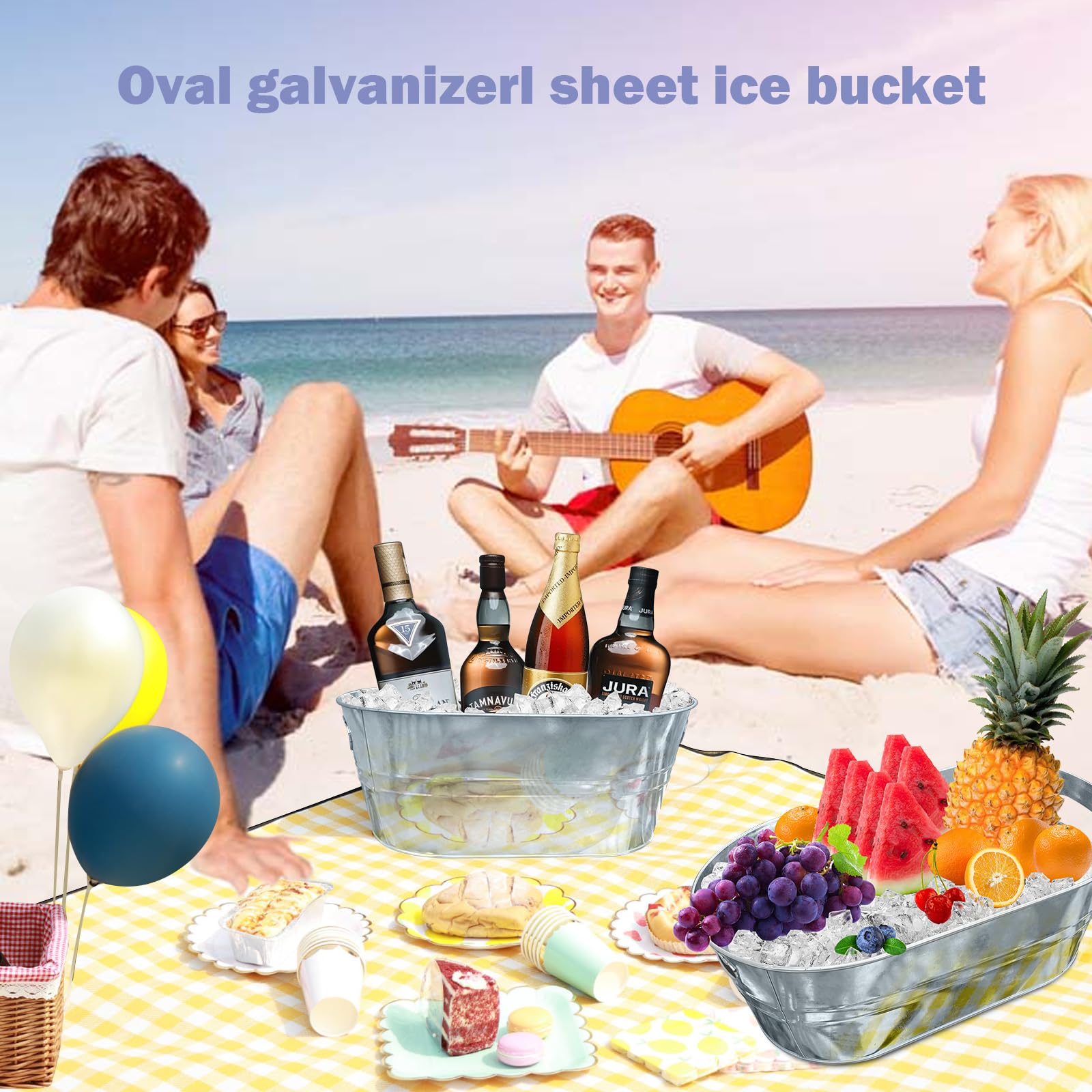 4PCS 3 Gallon Galvanized Tub with Carry Beer Drink Storage Cooler Metal Beverage Ice Tub Galvanized Ice Buckets for Party