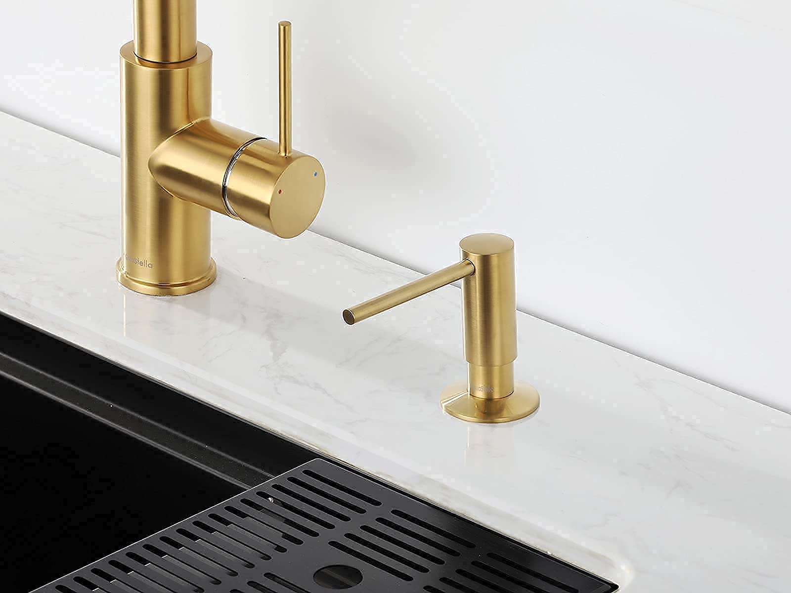 AguaStella AS59BG Brushed Gold Pull Down Bar Faucet and ASF026BG Brushed Gold Built in Soap Dispenser Combination