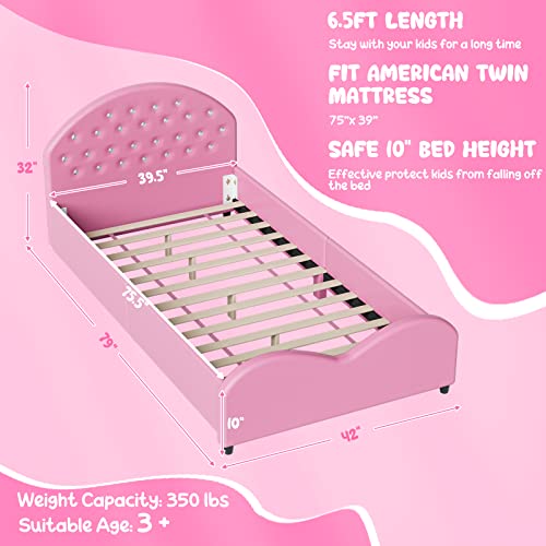 HONEY JOY Kids Twin Bed Frame with Headboard, Toddler Upholstered Platform Bed with Slatted Bed Base, No Box Spring Needed, Princess Wooden Single Bed for Baby Girls, Twin Size in Pink